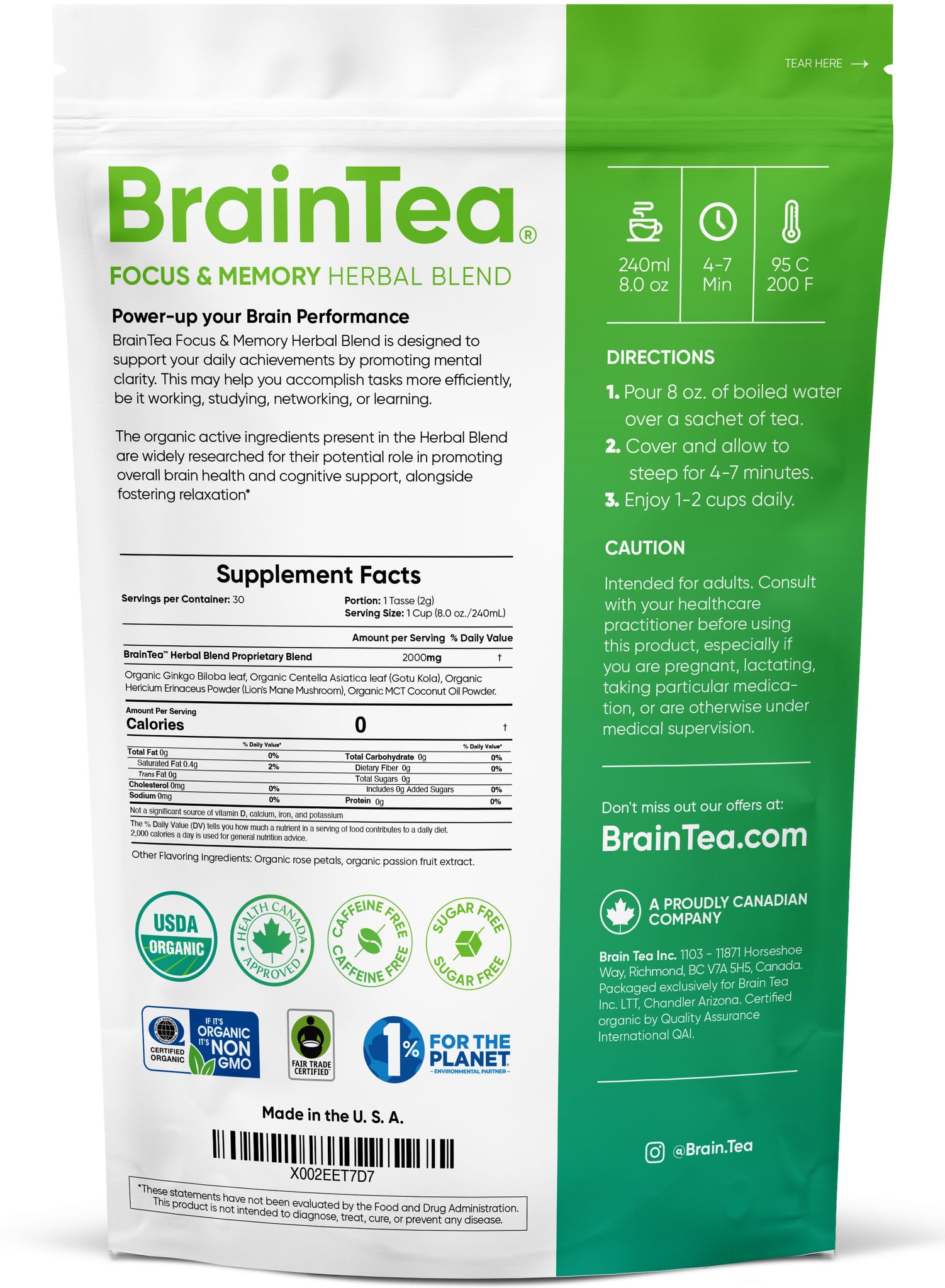 Brain Tea - Gotu Kola, Ginkgo Biloba, MCT Oil, Lion’s Mane Mushroom